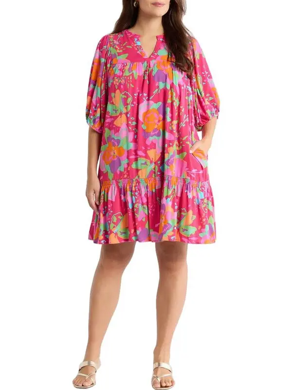 SUGARLIPS Himera Floral Maribor Puff Sleeve Mini Dress - Fuchsia Multi