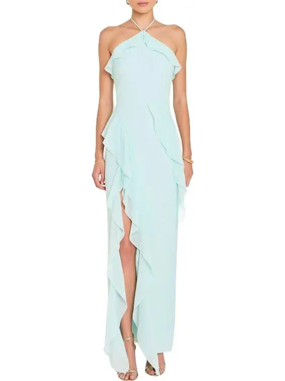 Amanda Uprichard Alessandra Halter Neck Ruffle Trim Gown - Cloud