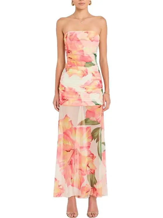 Amanda Uprichard Floral Ruched Strapless Maxi Dress - Pink Hibiscus