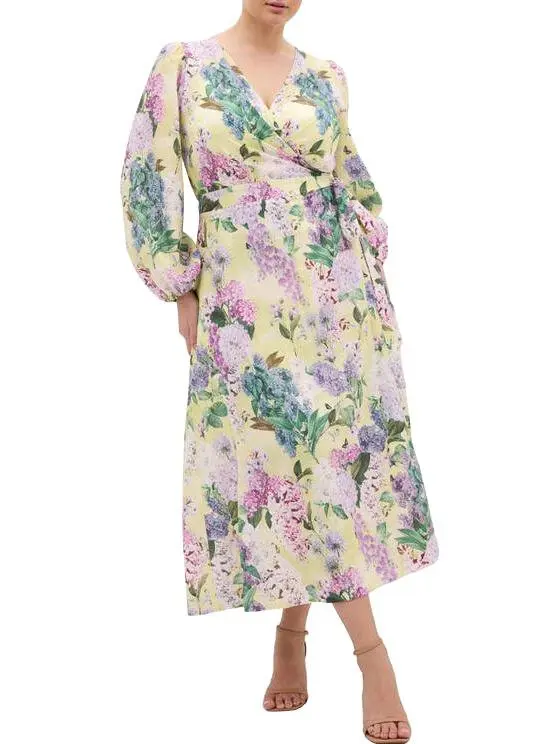 City Chic Anastasia Long Sleeve Maxi Wrap Dress - Lemon Hydrandra