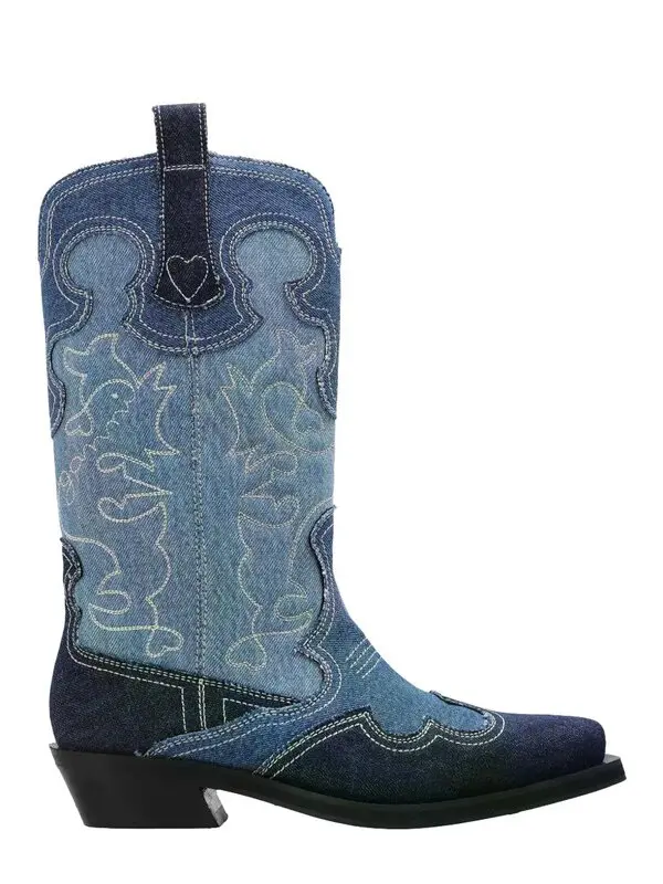 GANNI Embroidered Denim Boots - Blue
