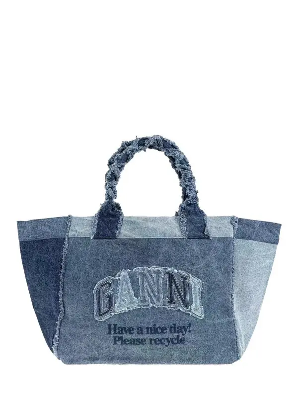 GANNI Patchwork Frayed-edge Tote Bag - Blue