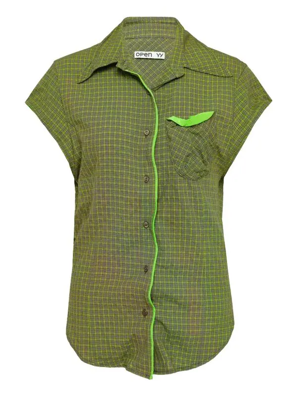 OPEN YY Check-print Cap-sleeve Shirt - Green
