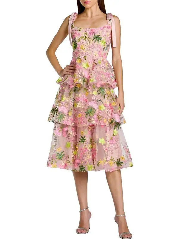 Mac Duggal Bow Strap Floral Embroidered Ruffle Midi Dress - Blush Multi