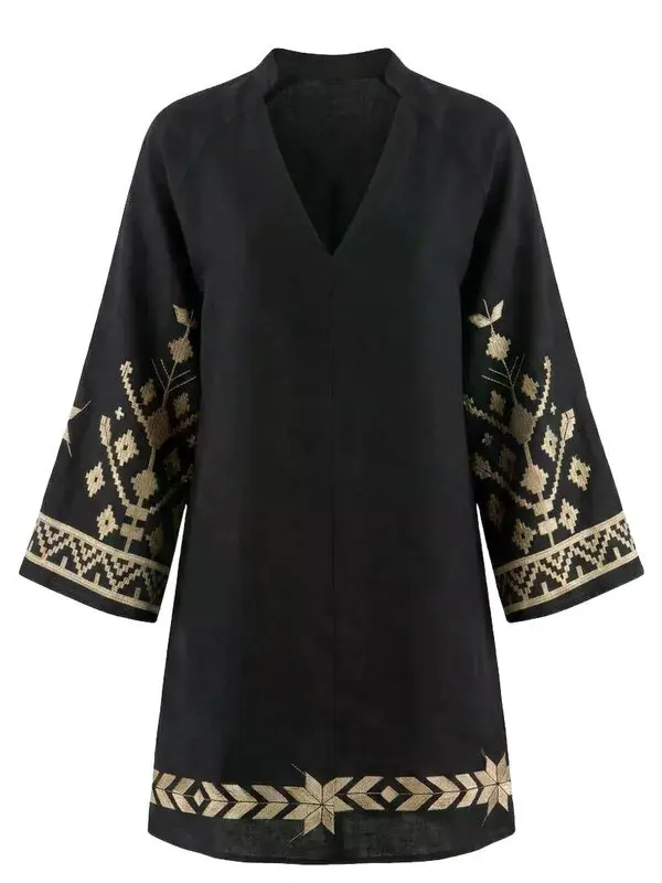 Greek Archaic Kori Embroidered Linen Dress - Black