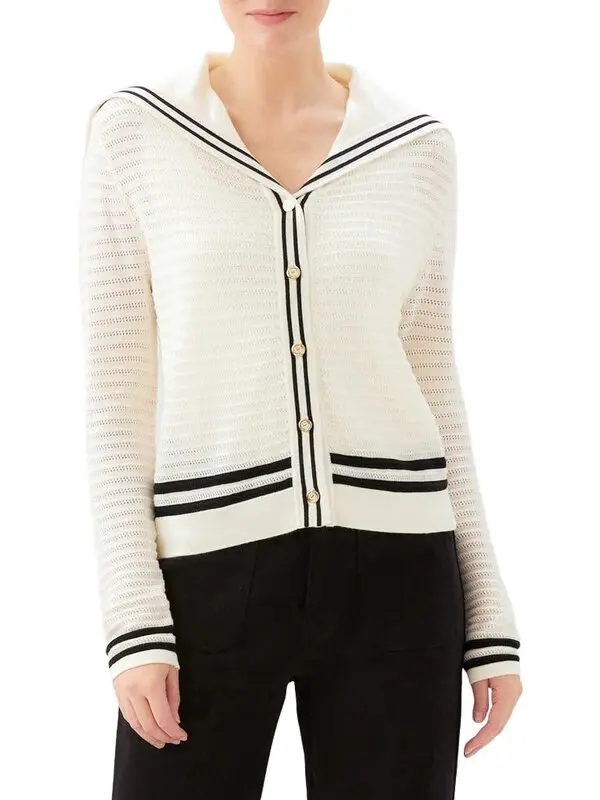 Karen Kane Stripe Sailor Collar Cardigan - Off White W/black