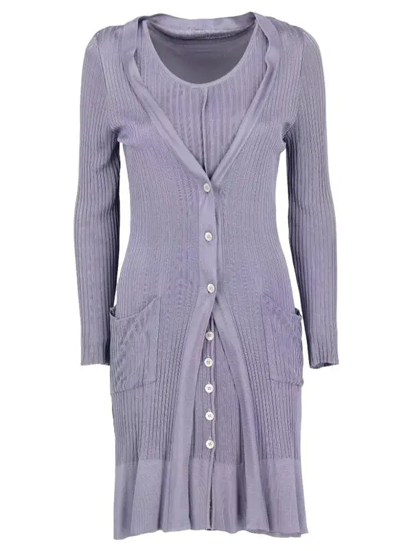 Vintage Ribbed-knit Button-up Dress Set - Purple