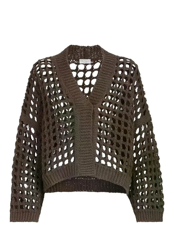 Brunello Cucinelli Jute And Cotton Net Cardigan - Brown