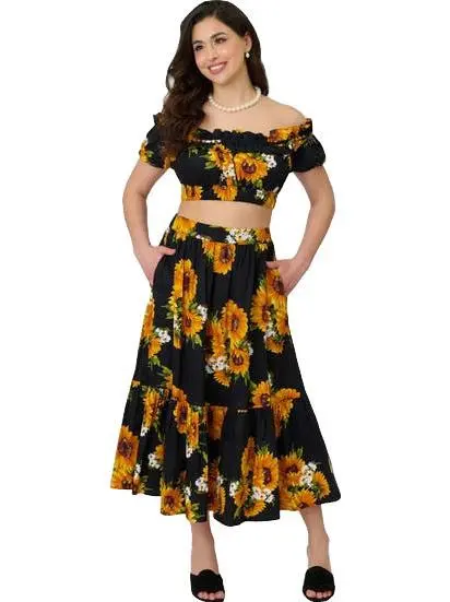 Unique Vintage 1950s Tiered Midi Skirt - Black Sunflower Print