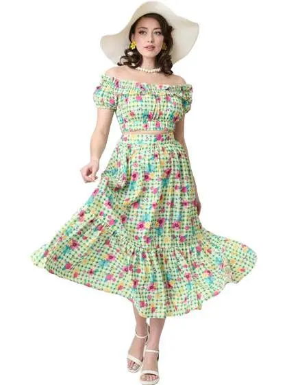 Unique Vintage 1950s Tiered Midi Skirt - Green Gingham Print