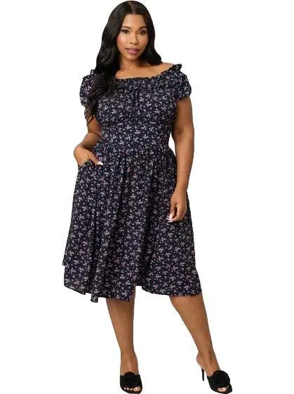 Unique Vintage 1950s Off The Shoulder Ruffle Swing Dress - Black W/purple Floral Print