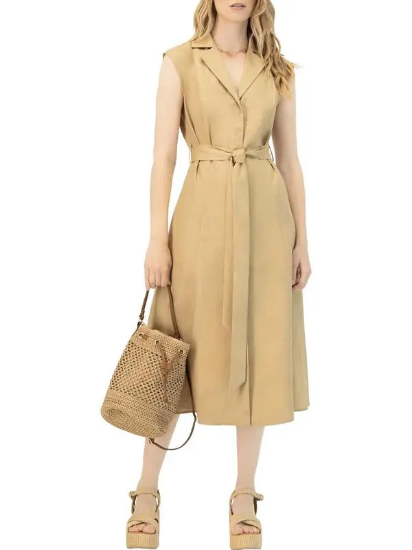 IVONNE Long Linen Dress With Waist Tie - Beige