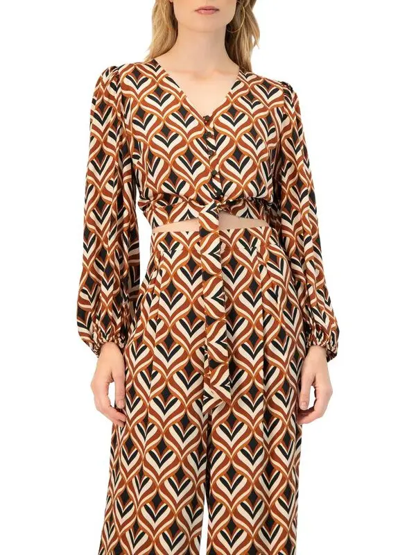 IVONNE V-neck Geometric Print Blouse With Tie - Multi-brown