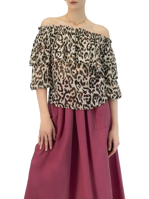 IVONNE Bardot Animal Print Blouse - Brown