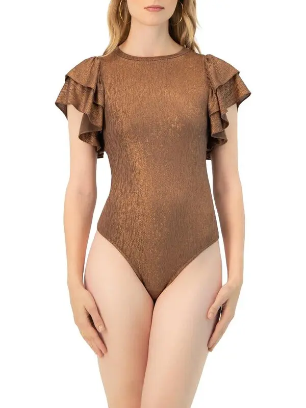 IVONNE Ruffled Sleeve Round Neck Bodysuit - Copper