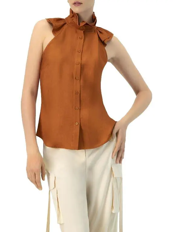 IVONNE Sleeveless High Neck Blouse - Brown
