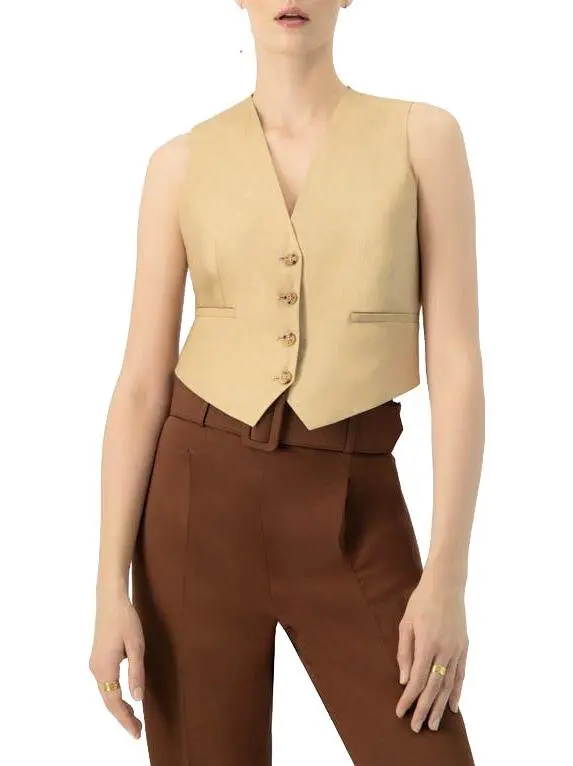 IVONNE Linen Vest With Faux Pockets - Beige