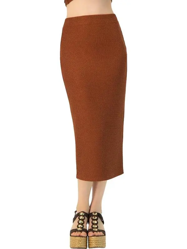 IVONNE Textured Knit Midi Skirt With Back Slit - Brown
