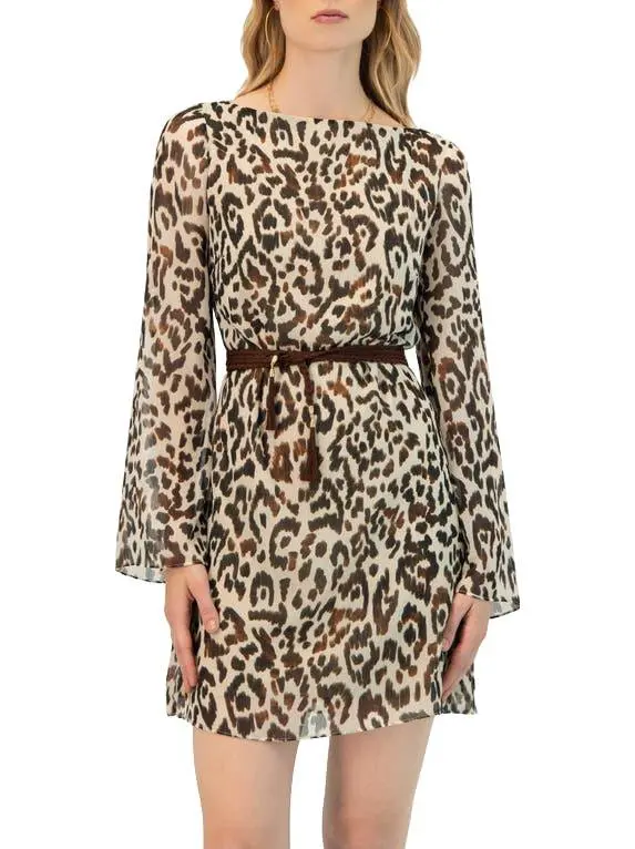 IVONNE Animal Print Mini Dress With Bell Sleeves - Brown