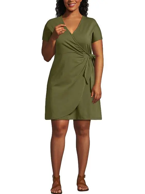 LANDS' END Cotton Modal V-neck Mini Wrap Dress - Artichoke