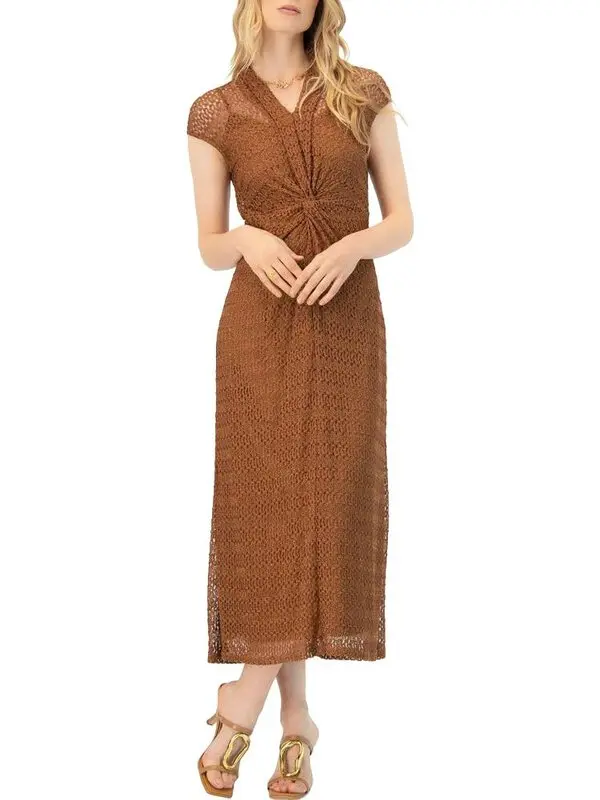 IVONNE Long Knitted V-neck Dress - Brown