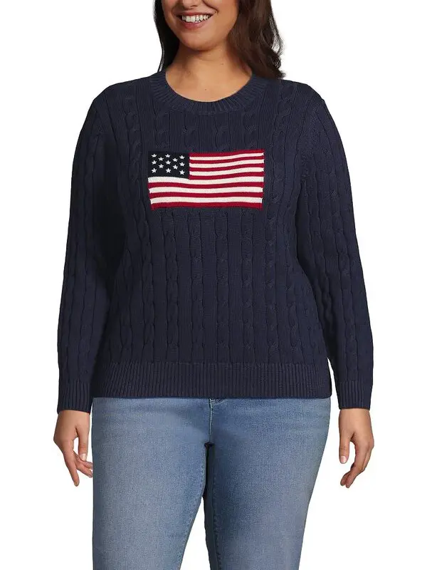 LANDS' END American Flag Drifter Cable Knit Sweater - Flag/faded Navy