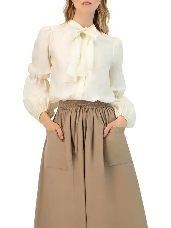 IVONNE Long Sleeve Blouse With Tie Neck - Ivory