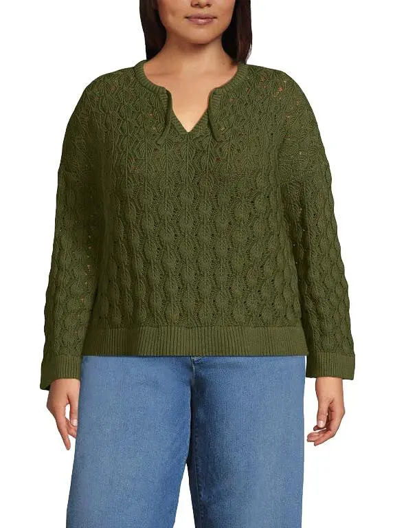 LANDS' END Drifter Tie Notch Neck Pointelle Sweater - Artichoke