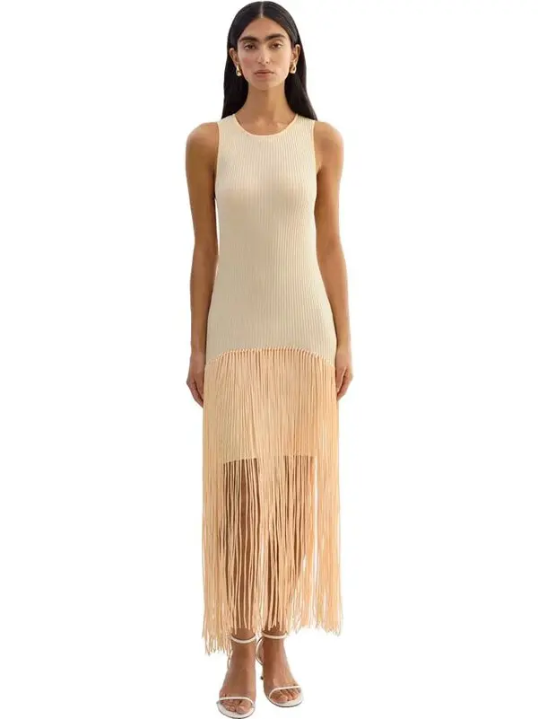 LAMARQUE Shimmery Rib Knit Fringed Maxi Dress - Yellow