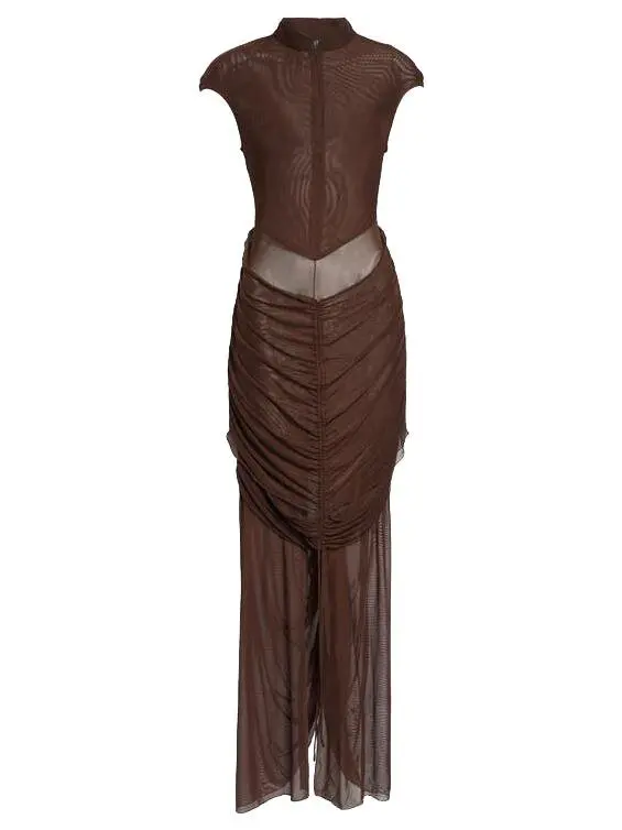 KIM SHUI Anai Ruched Stretch Mesh Dress - Brown