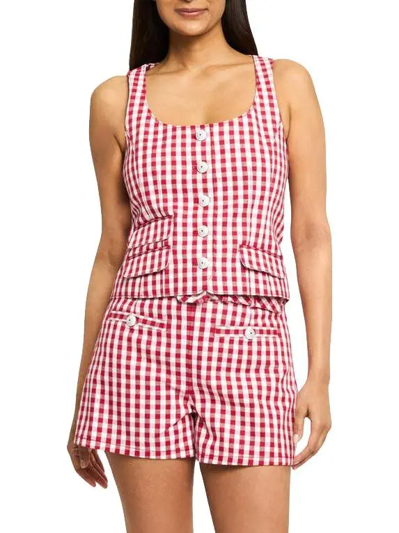Cinq À Sept Lovina Mini Gingham Stretch Cotton Top - Chili Pepper/white