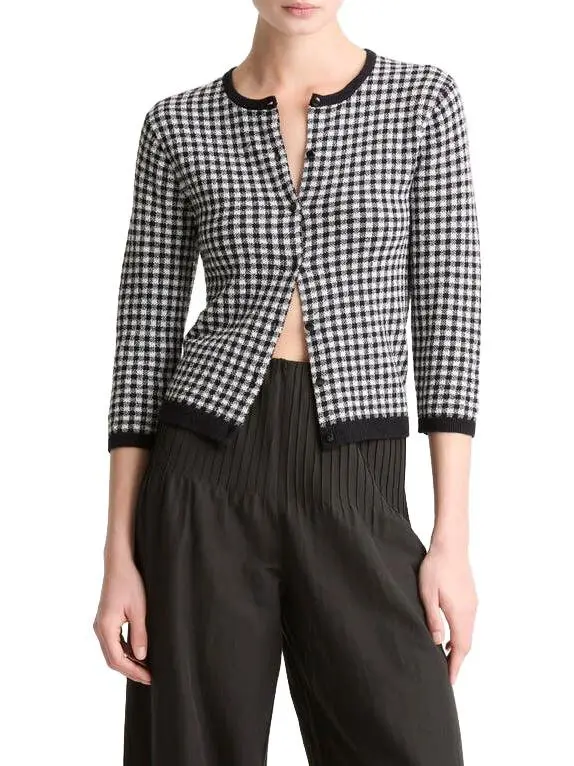 Vince Gingham Wool And Cotton Blend Cardigan - Black/off White