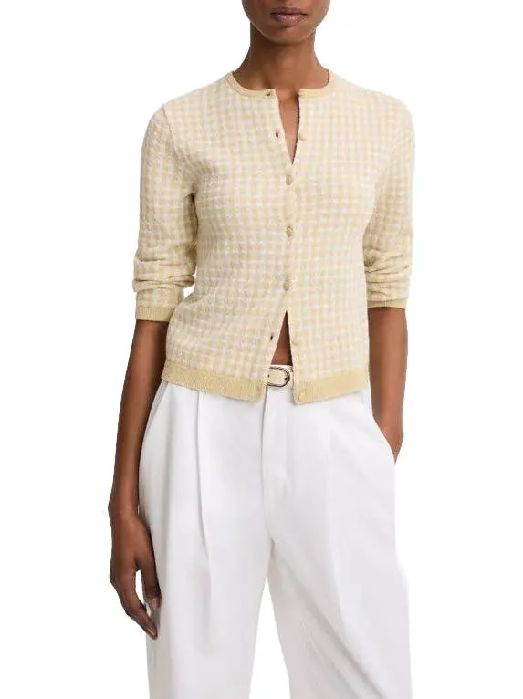 Vince Gingham Wool And Cotton Blend Cardigan - Off White/maiz