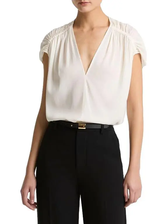 Vince Gathered Cap-sleeve Stretch Silk Top - Off White