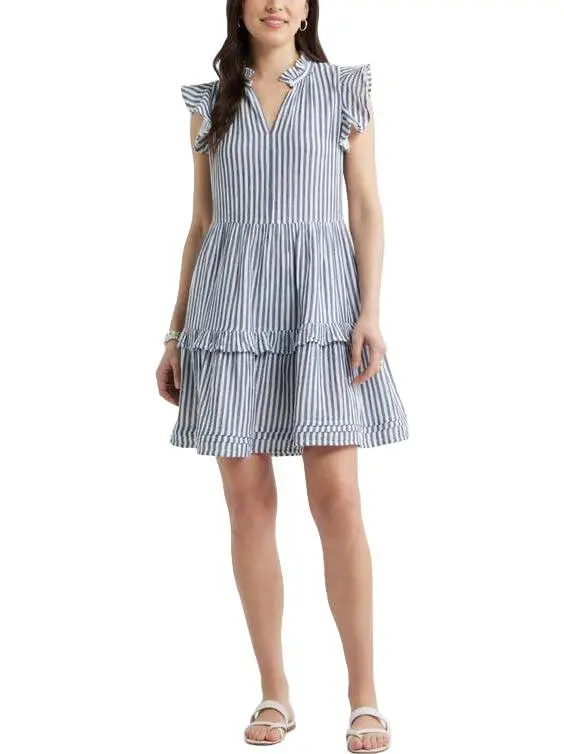 Caslon Striped Cotton Gauze Ruffle Dress - Navy- White Brianne Stripe