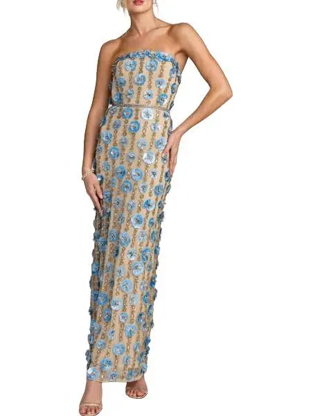 Mac Duggal Beaded Sequin Mesh Strapless Ankle Gown - Nude Blue