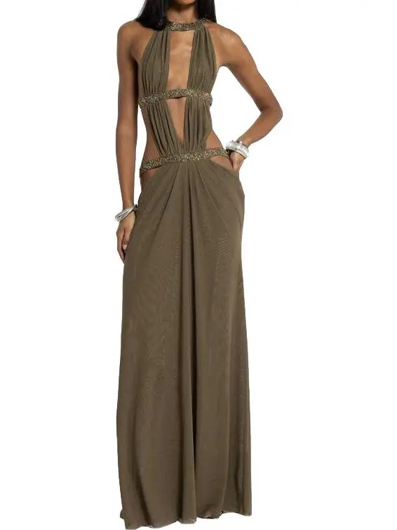 JADED LONDON Bead Detail Plunge Neck Maxi Dress - Green