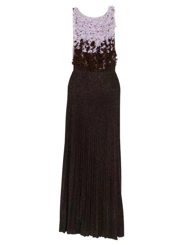 Elisabetta Franchi Floral-appliqué Pleated Maxi Dress - Brown