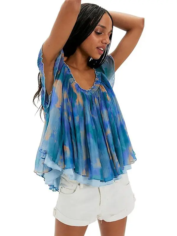 Free People Printed Relaxed-fit Top - Ocean Combo