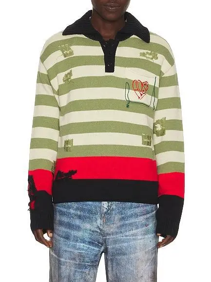Andersson Bell Striped Distressed Polo Sweater - Multi