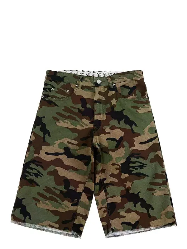 HELLSTAR Camouflage-print Raw-edge Shorts - Green