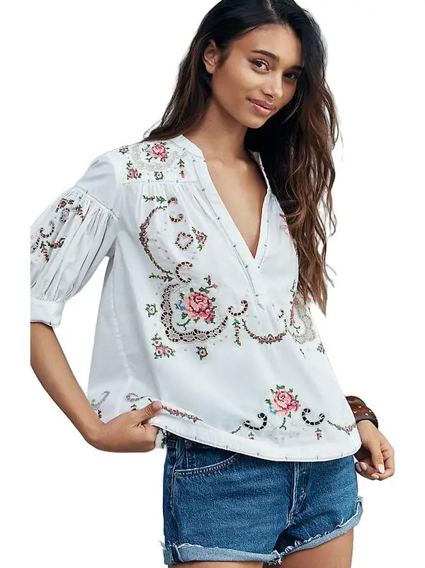 Anthropologie Darcey Popover Swing Top: Embroidered Edition - Ivory Floral