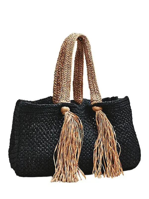 CELANDINE Raffia Fringe Tote - Black