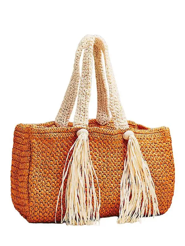 CELANDINE Raffia Fringe Tote - Orange