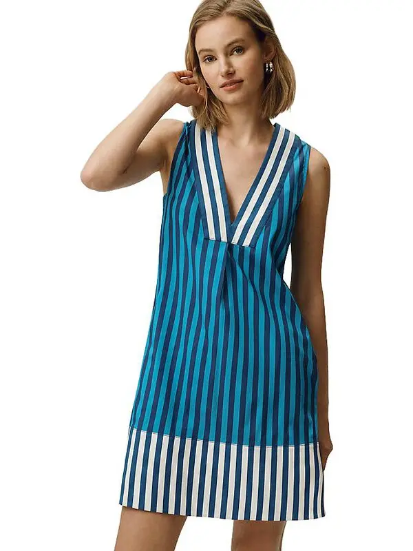SIMONMILLER Mar Poplin V-neck Mini Dress - Blue Stripe