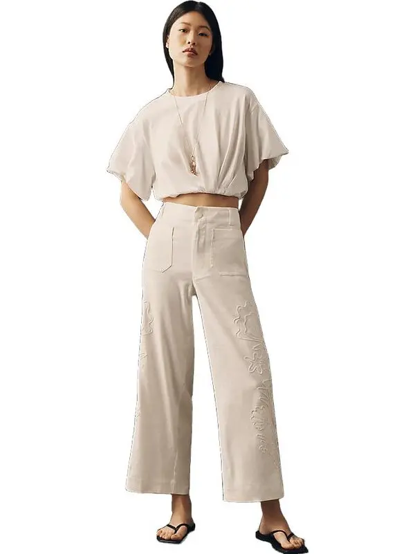 Anthropologie Colette European Linen Stretch High Rise Cropped Wide Leg Pants - Ivory