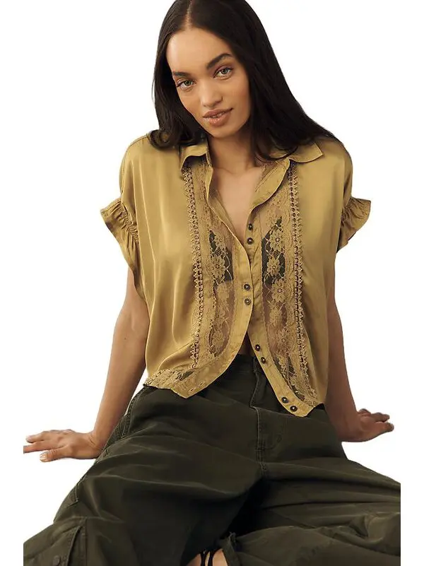 PILCRO Lace Short-sleeve Blouse - Dried Moss