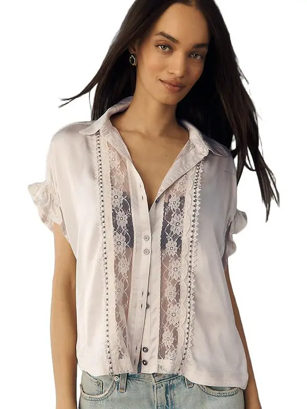 PILCRO Lace Short-sleeve Blouse - White Putty