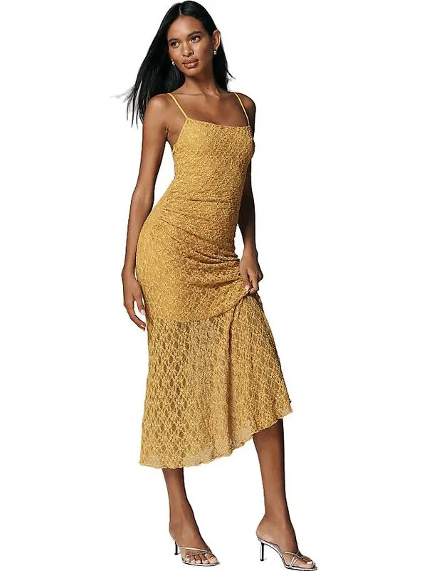 Anthropologie Asymmetric Lace Midi Dress - Gold