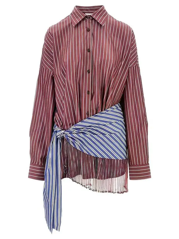 Andamane Jolene Beaded-fringe Striped Shirt Mini Dress - Red